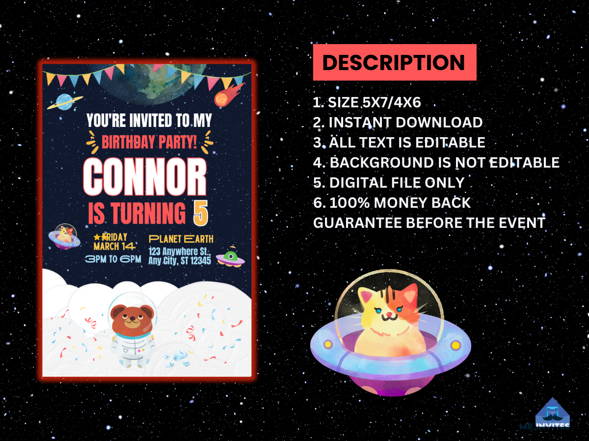 Digital Cute Space Birthday Card Invitation For Kids | Space Birthday ...