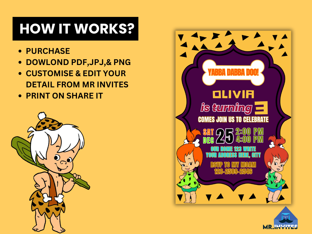 Flintstone Pebbles Digital Birthday Card Invitation | Flintstone Birth ...
