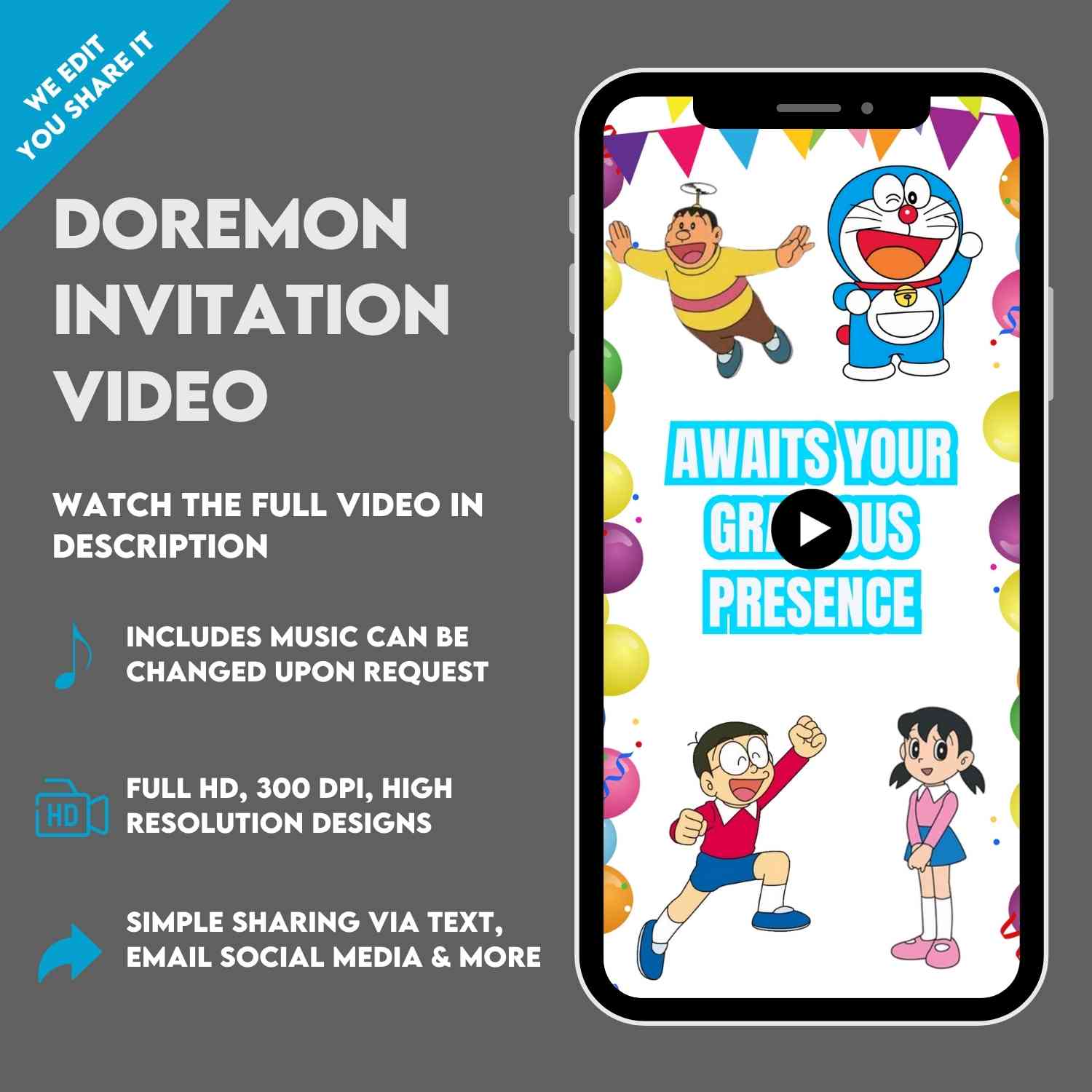 Doraemon Birthday Video Invitation | Custom Doremon Theme Party Invita ...