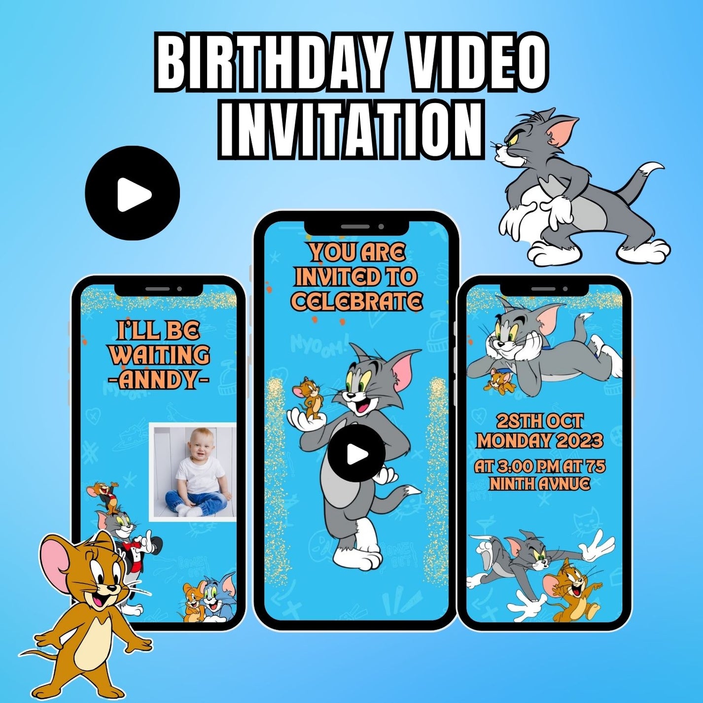 Animated Tom and Jerry Birthday Invitation | Tom&Jerry Birthday Invite ...