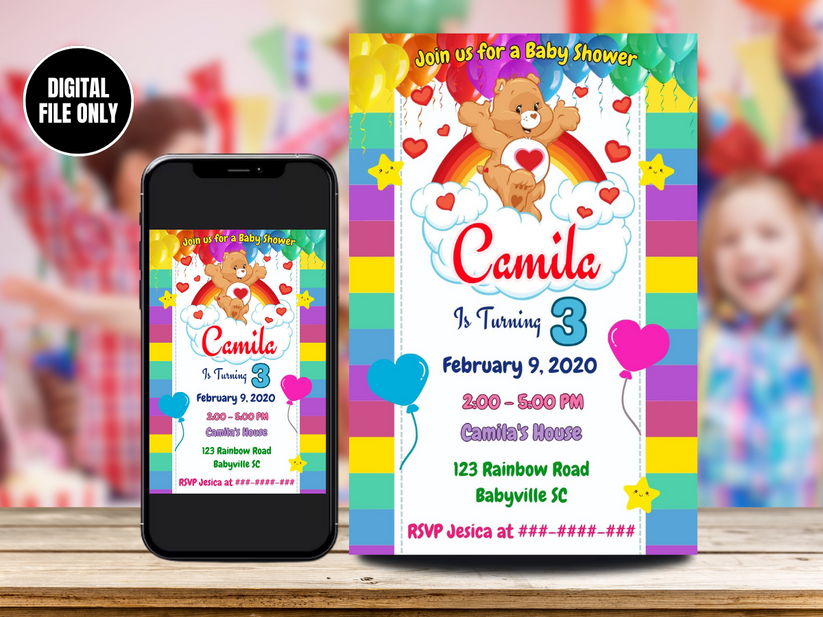 Care Bears Baby Shower Birthday Party Digital Invitation | Customizabl ...