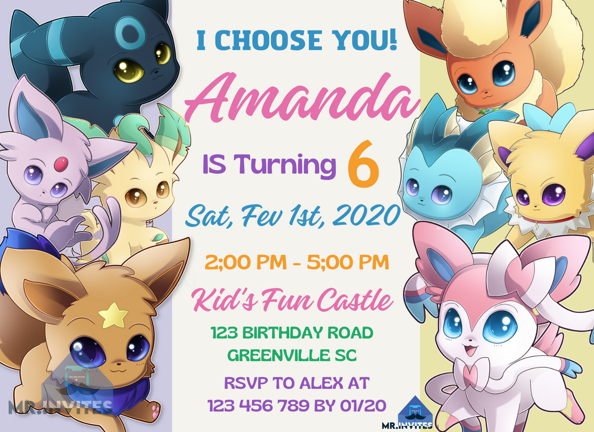 Chibi Eevee Birthday Party Invitation | Cute Pokémon Birthday Theme ...