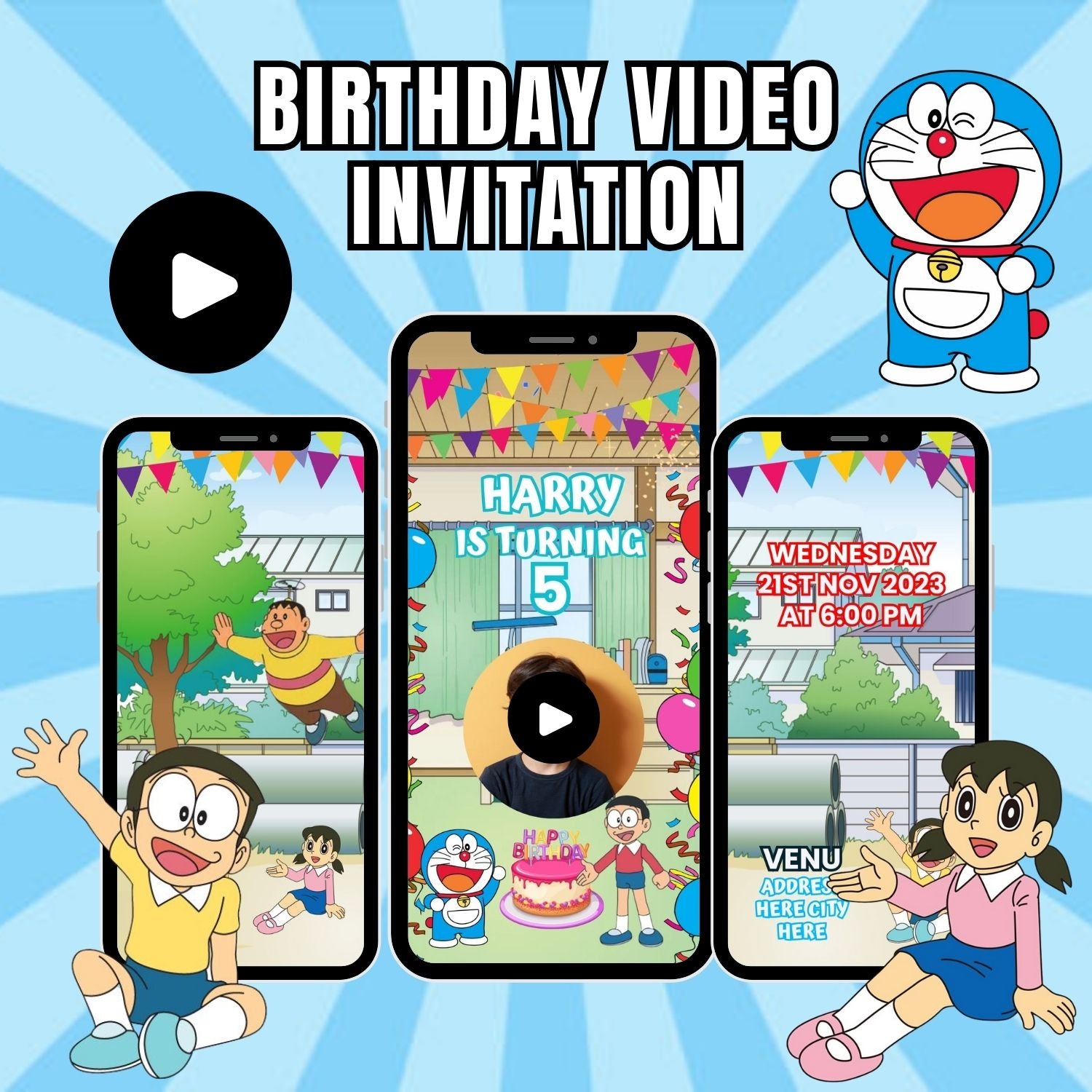 Doraemon Birthday Video Invitation | Custom Doremon Theme Party Invita ...