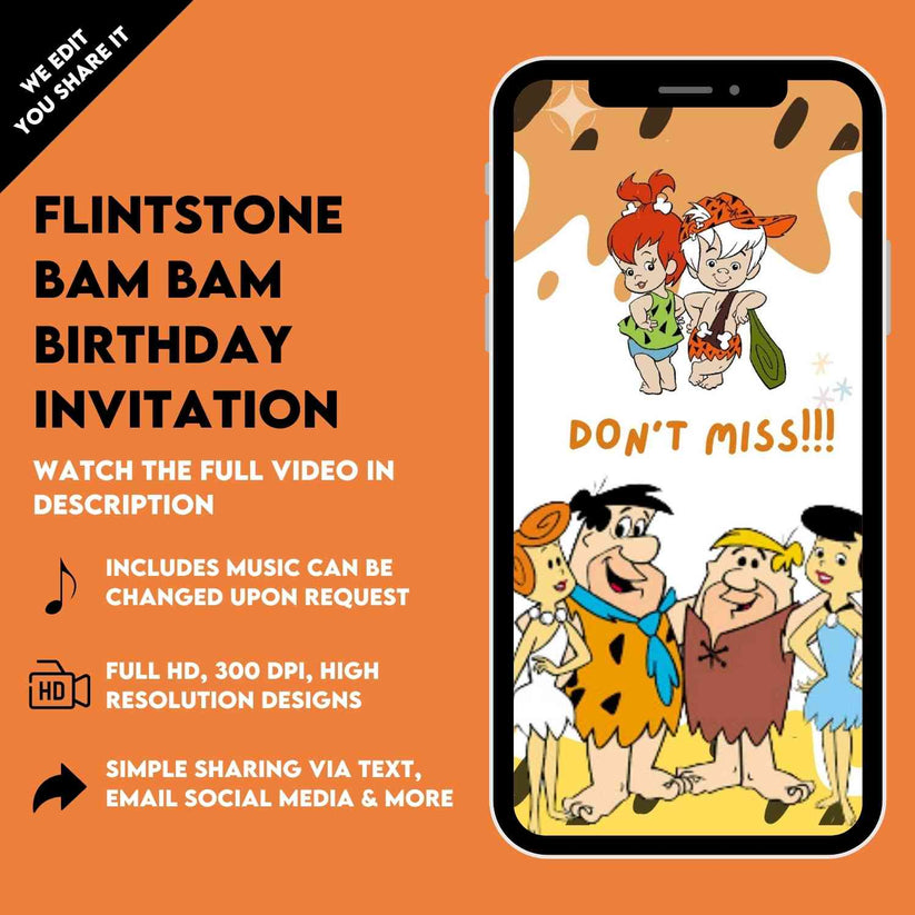 Flintstone Bam Bam Birthday Video Invitation | Personalized Flintstone ...