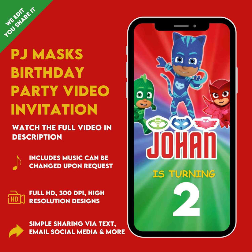 PJ Masks Birthday Party Video Invitation | PJ Masks Birthday Invites ...