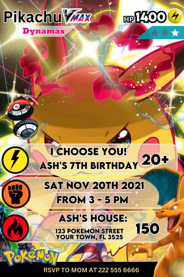 Personalized Pikachu Birthday Digital Invitation | Custom Pikachu Invi ...