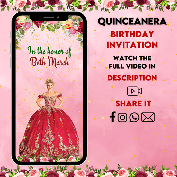 Quinceanera Animated Video Invitation - Burgundy Floral & Gold Quincea ...
