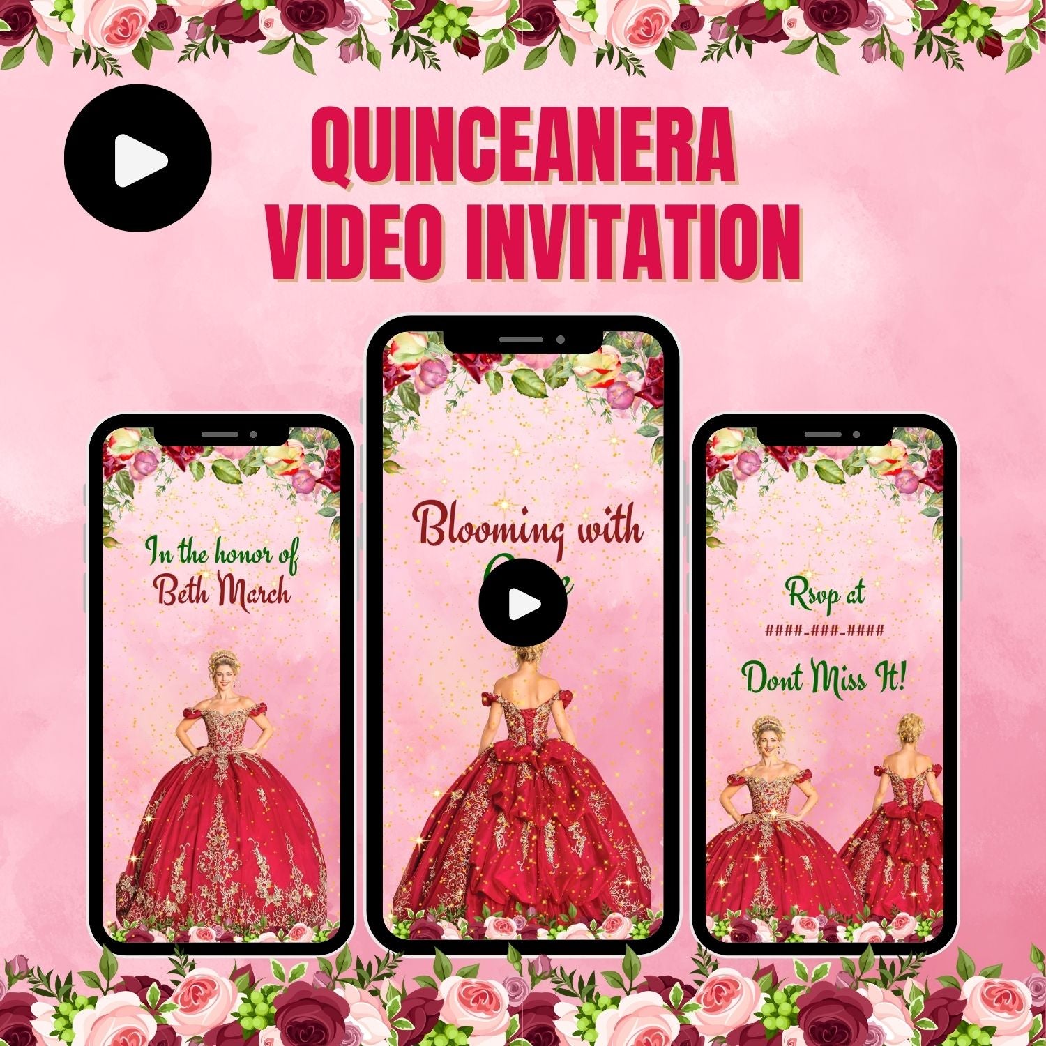 Quinceanera Animated Video Invitation - Burgundy Floral & Gold Quincea ...