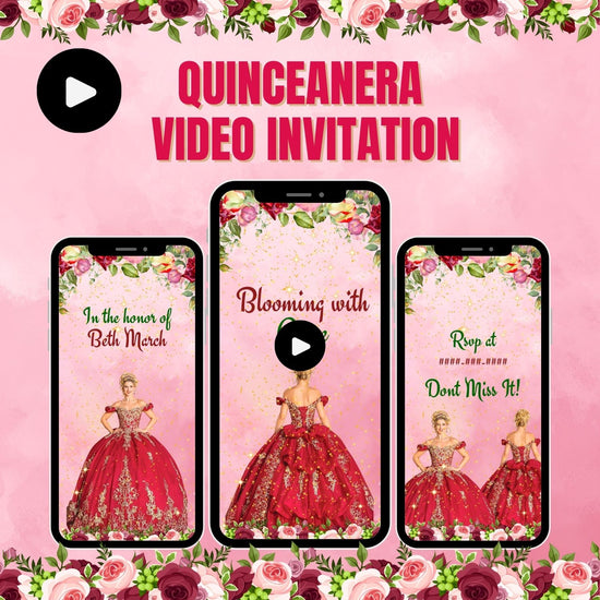 Quinceanera Animated Video Invitation - Burgundy Floral & Gold Quincea ...