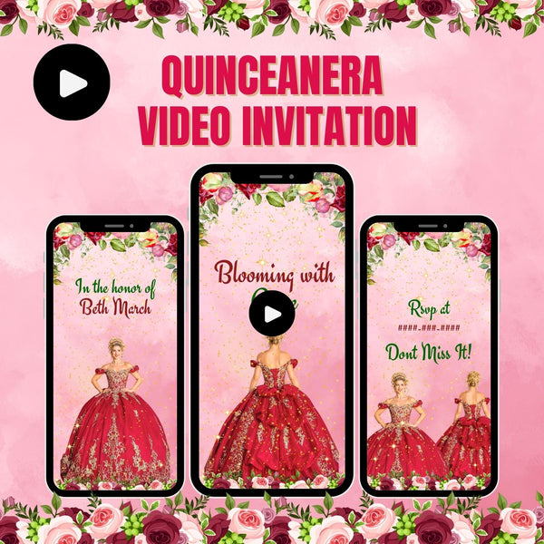 Quinceanera Animated Video Invitation - Burgundy Floral & Gold Quincea ...