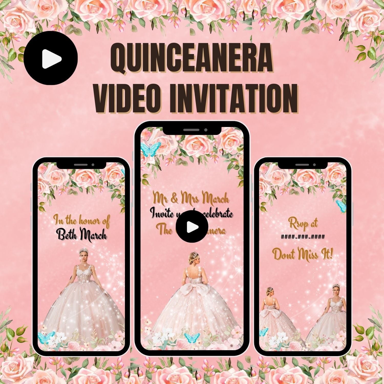Quinceanera Video Invitation - Blush Pink Flowers & Butterfly Animated ...