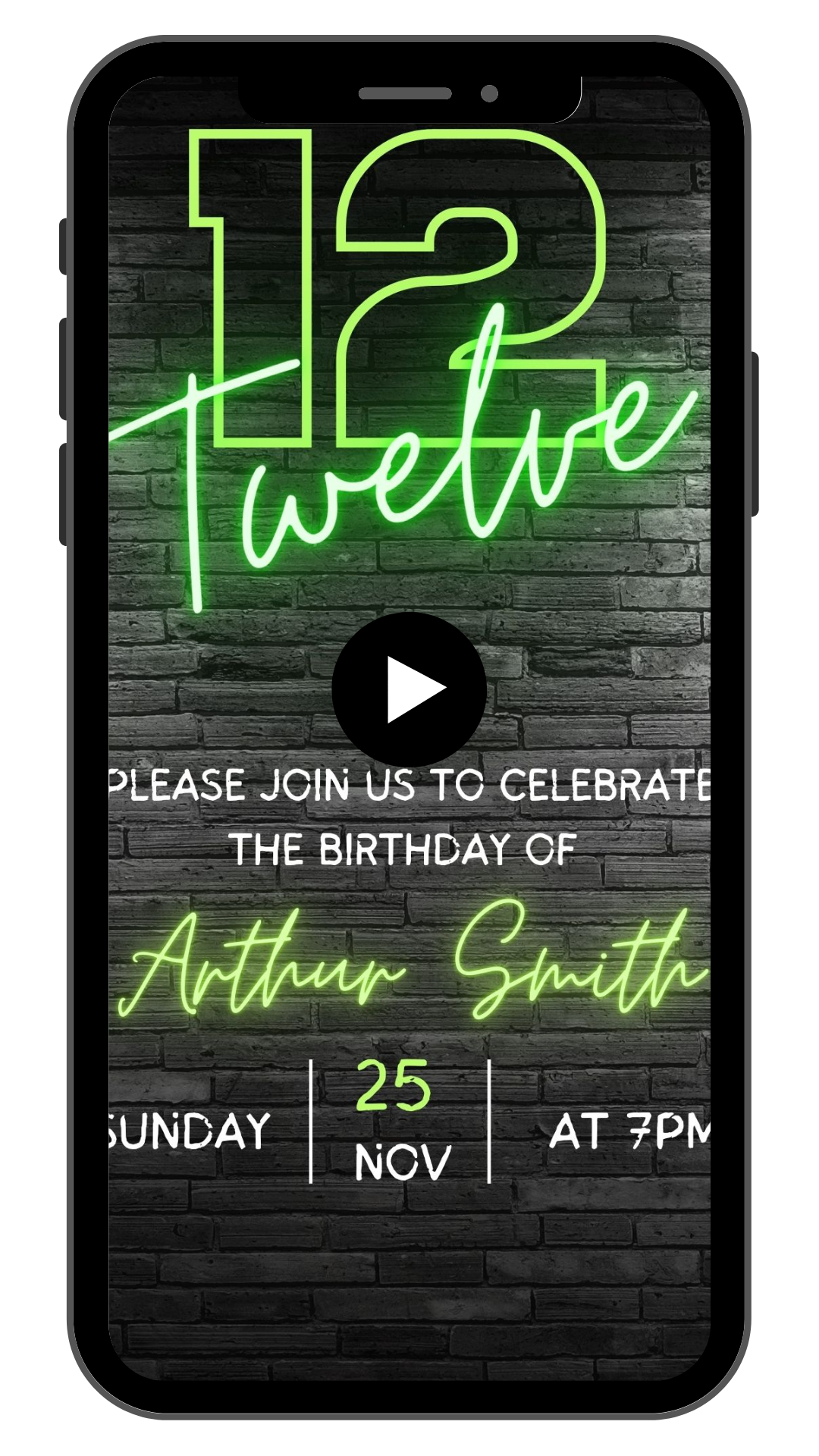 Green Neon 12th Animated 12th Birthday video invitation + RSVP Webpage ...